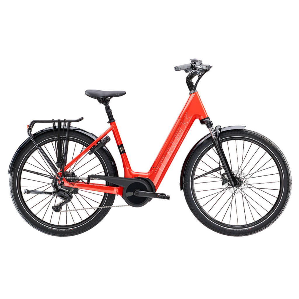 Vélo urbain électrique Trek Verve+ 3 Lowstep 3e Gen 400WH Noir Bleu Rouge